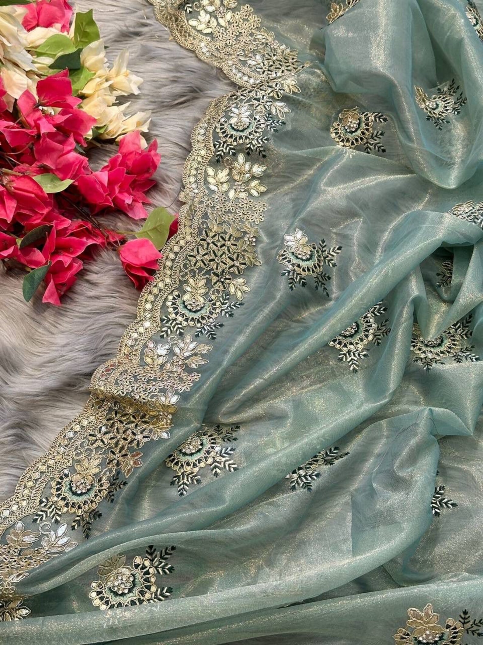 Designer Pure Jimmy Chu Silk Saree With Hand Embroidery and Scalloped ...