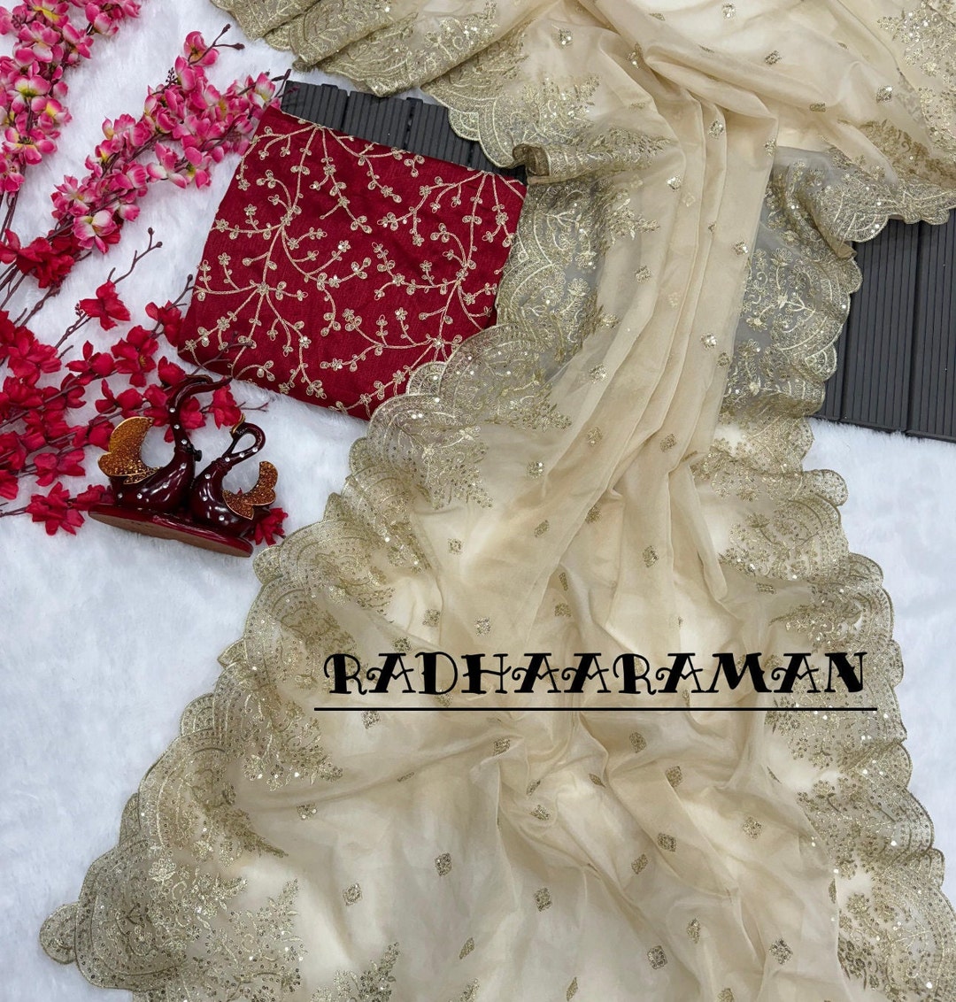 Supreme Quality GOLD Organza Tissue Silk Saree With Handwork, Intricate ...