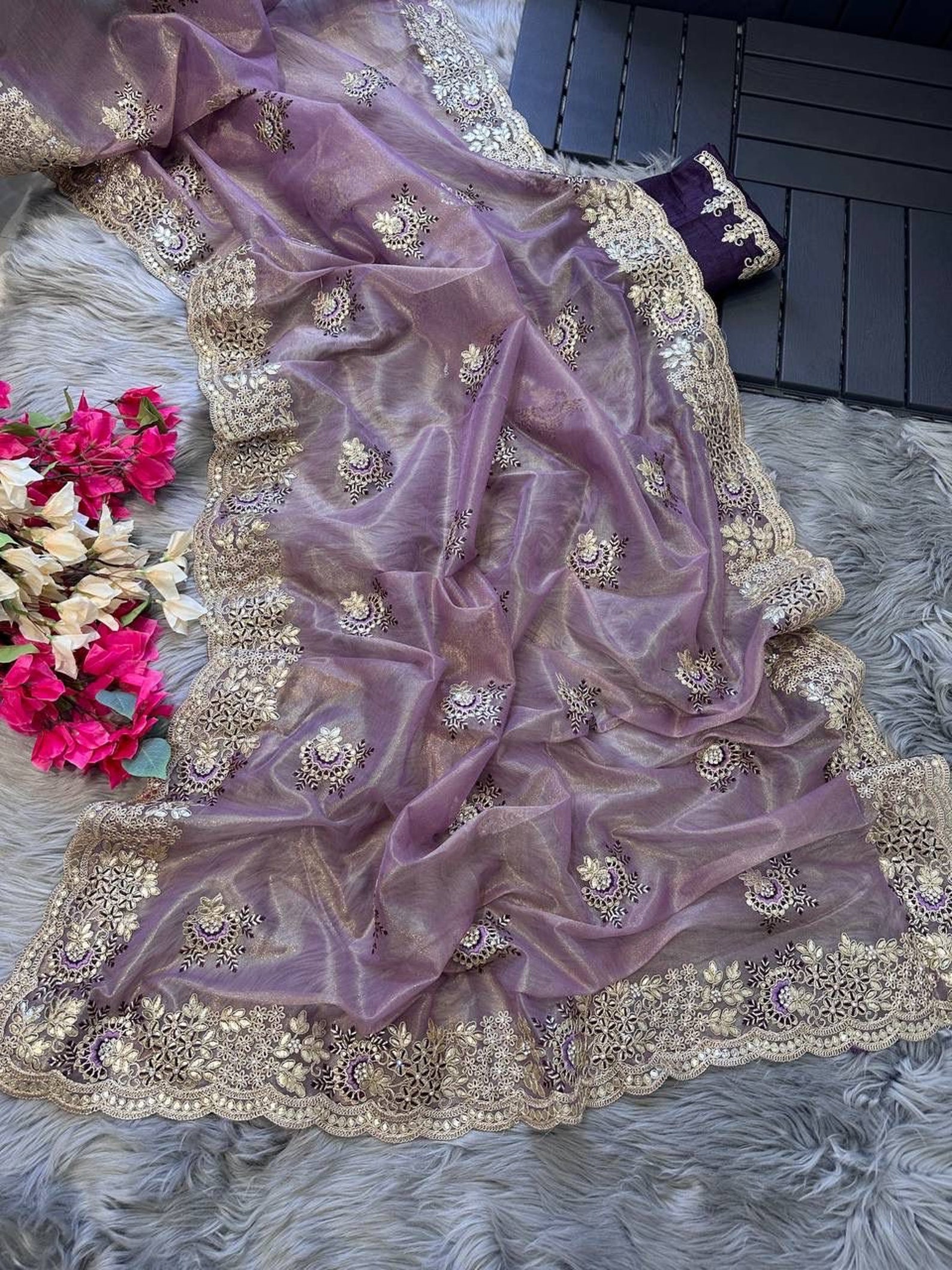 Designer Pure Jimmy Chu Silk Saree With Hand Embroidery and Scalloped ...