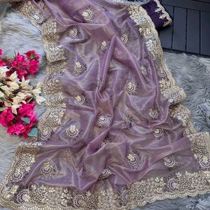 Designer Pure Jimmy Chu Silk Saree With Hand Embroidery and Scalloped ...