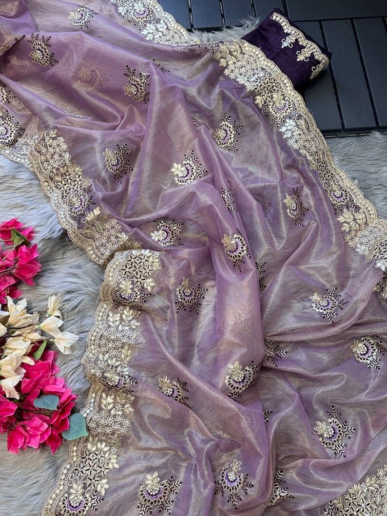 Designer Pure Jimmy Chu Silk Saree With Hand Embroidery and Scalloped ...