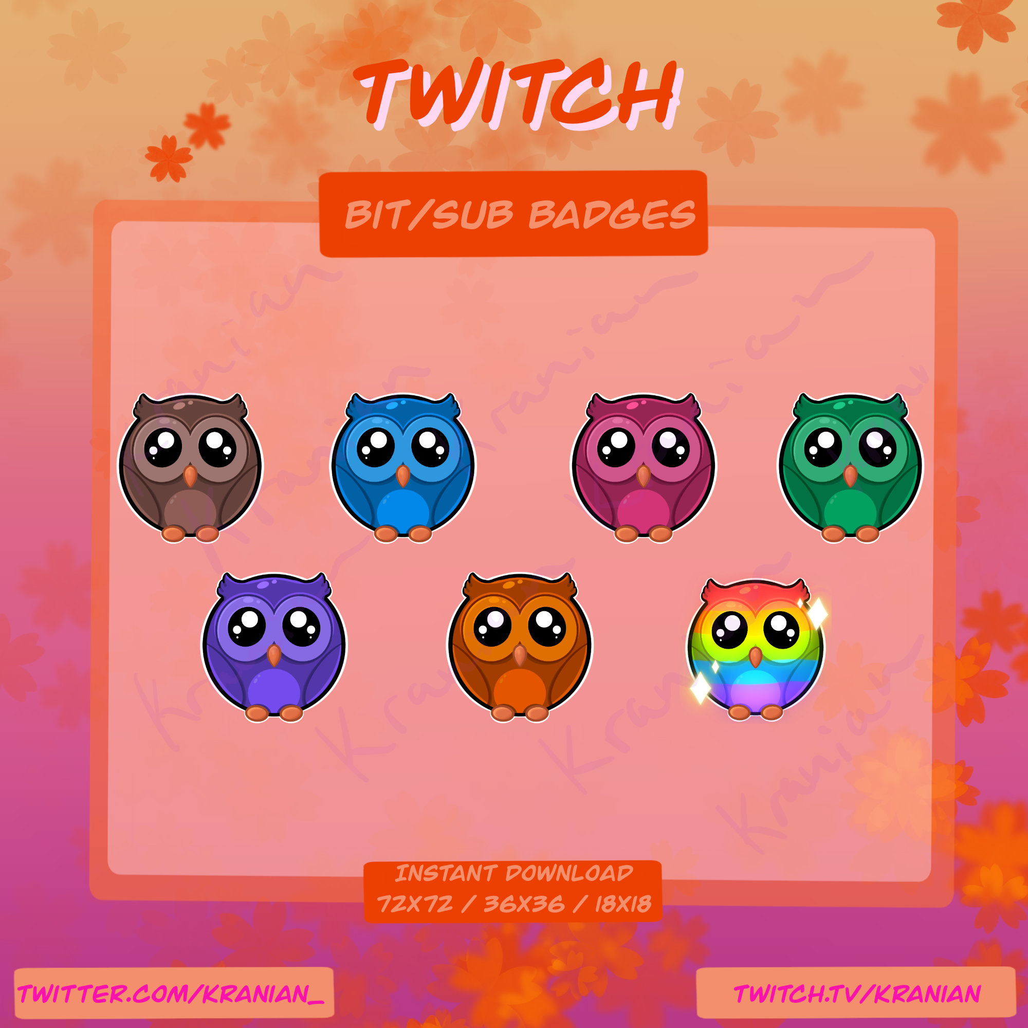 Owl Twitch Discord Youtube Sub Bit Badges Colorful X7 - Etsy
