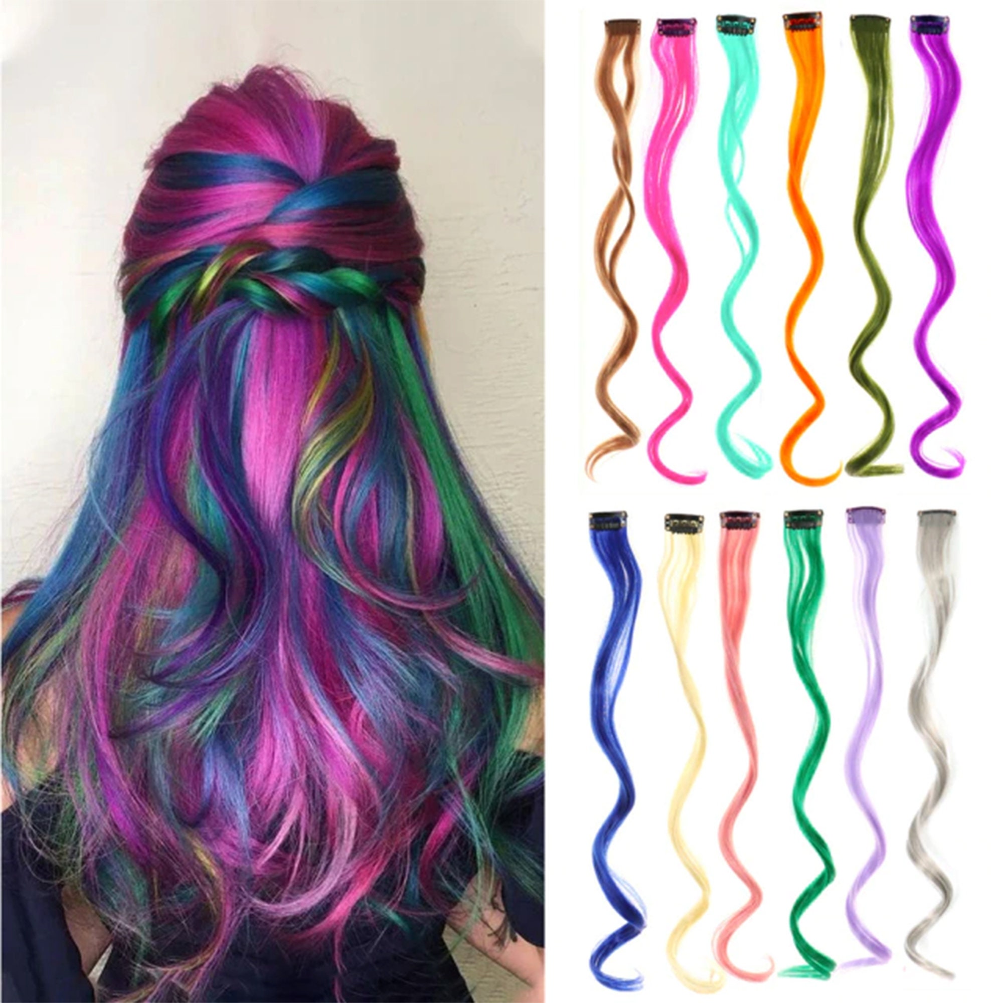 Pre Stretched clip in hair extension rainbow Colored party | Etsy