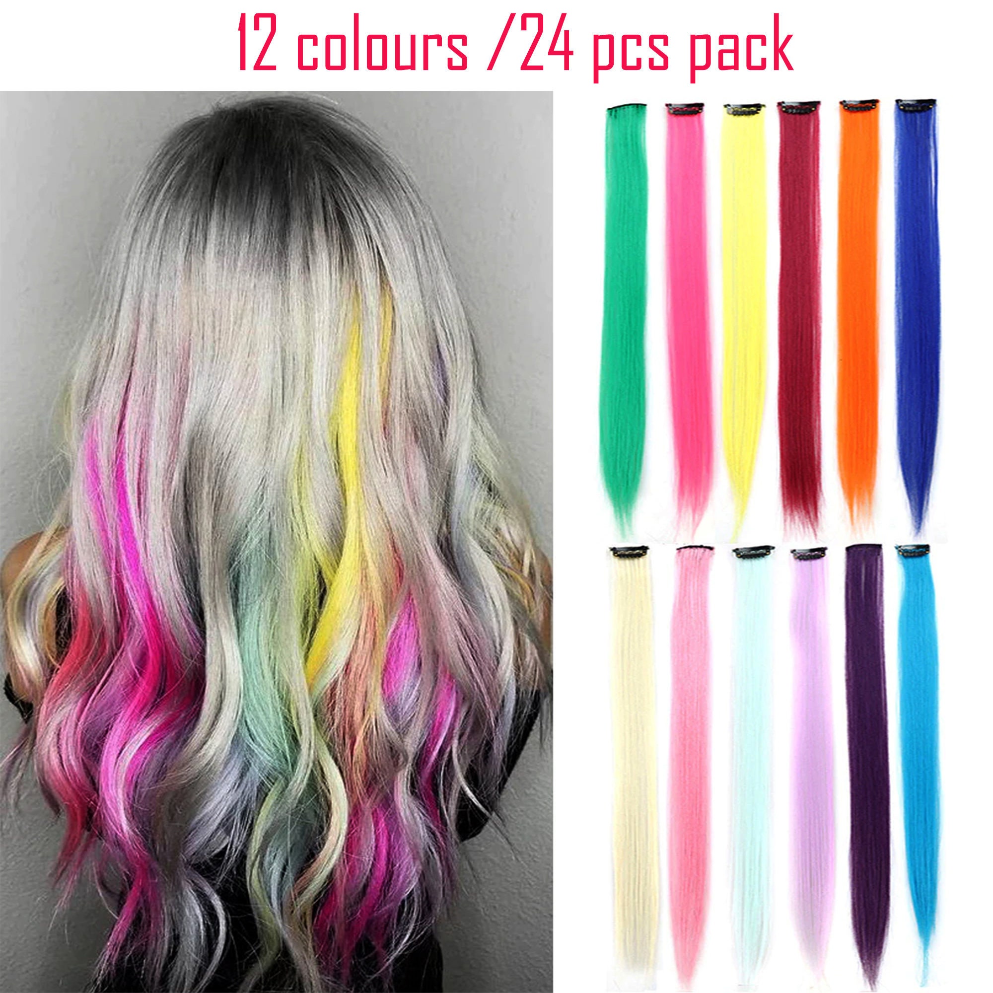 Pre Stretched clip in hair extension rainbow Colored party | Etsy