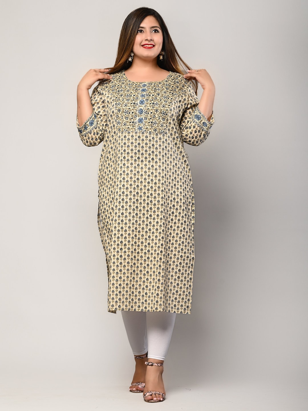 Off White Plus Size Women Printed Pure Cotton Straight Kurtis for Women ...