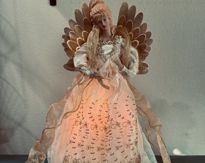 Elegant Lighted Angel Tree Topper With Gold Accents, Flowing Lace Gown ...