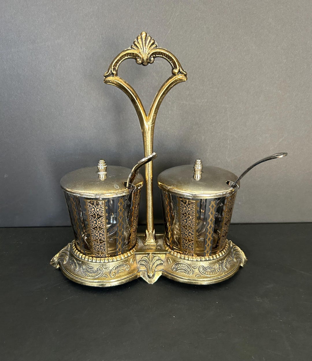 Vintage Mid-century 7 Piece Condiment Set Black and Gold Jars With ...