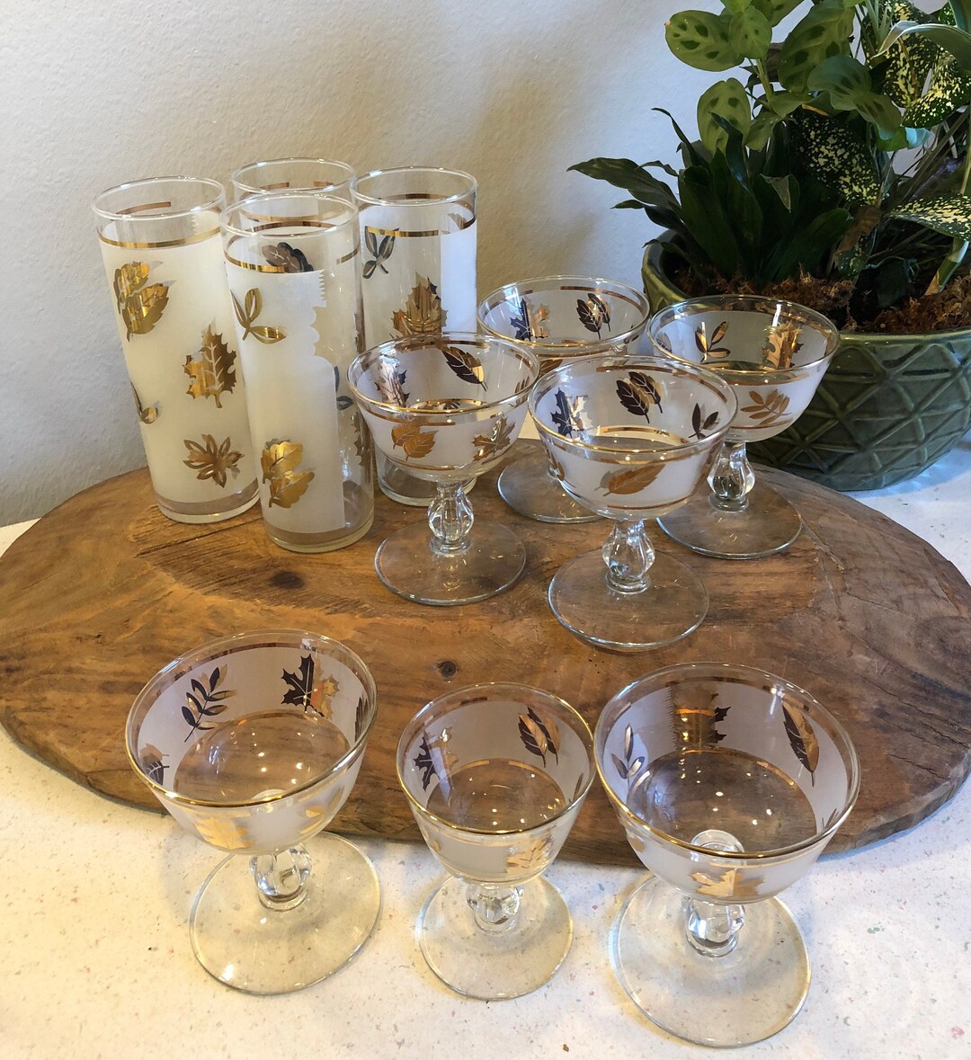 Rare Mid Century Modern Gold Leaf High Ball Glasses and Wine Glasses or ...