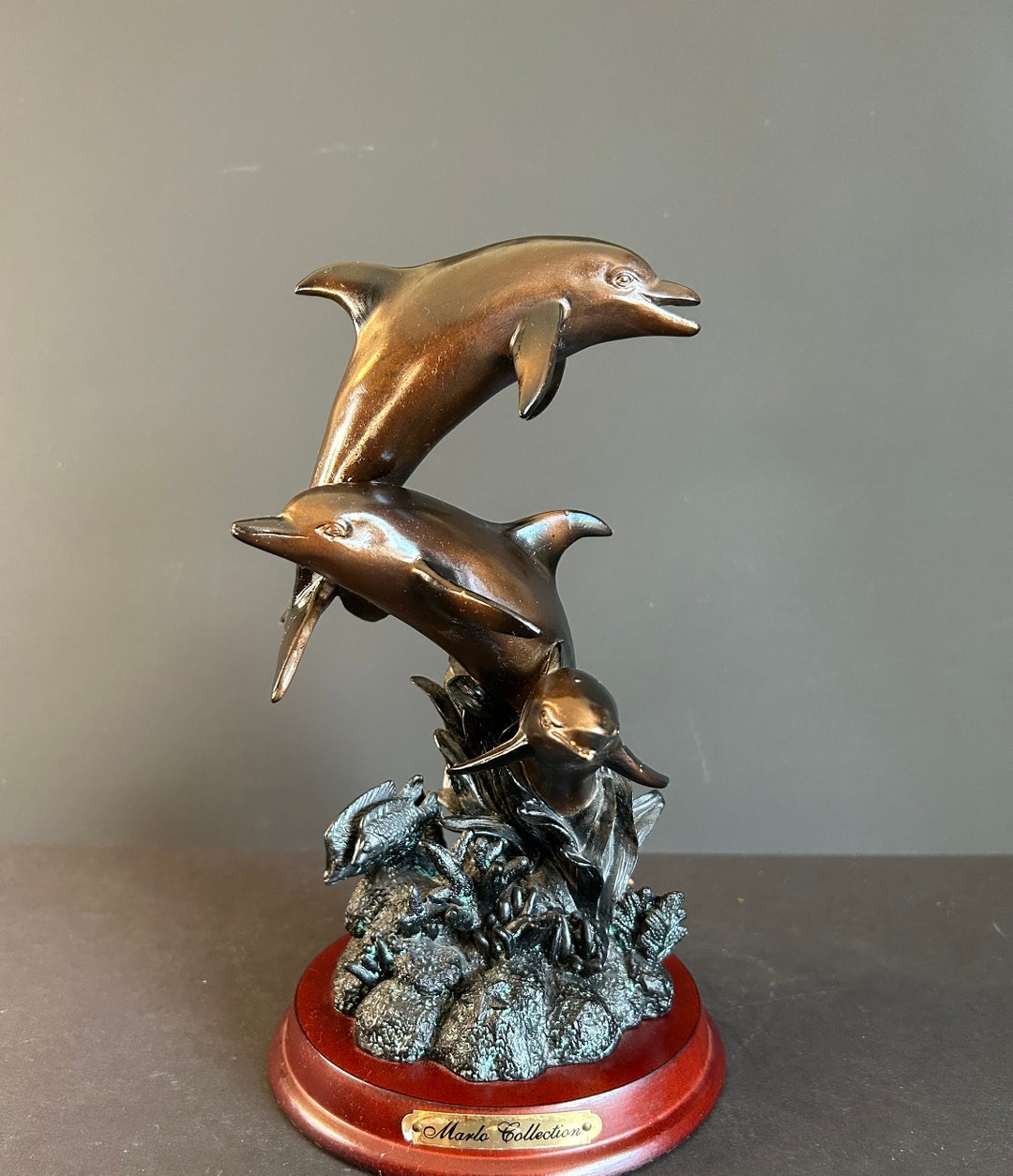 Marlo Collection Bronze Dolphins | Trio Dolphin Sculpture 9" | Wooden ...