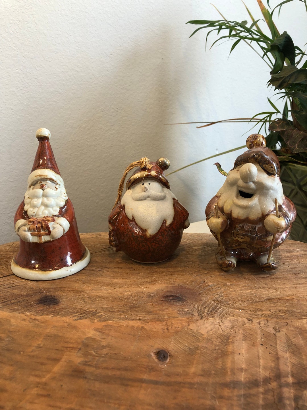 Set of 3 Rustic Pottery Santa Figurines – One is a Ceramic Bell ...