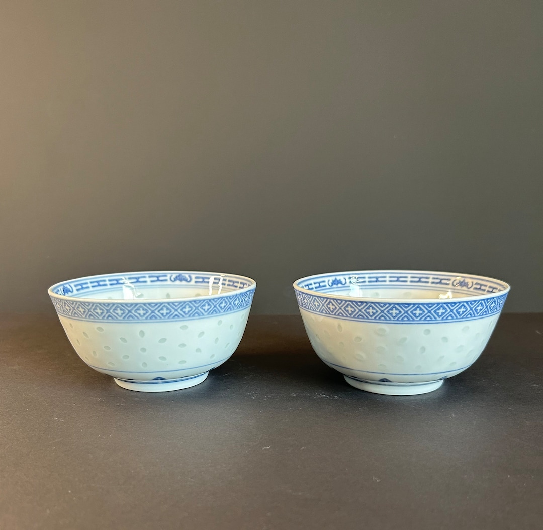 Two Vintage Chinese Porcelain Blue & White Rice Grain Pattern Rice ...