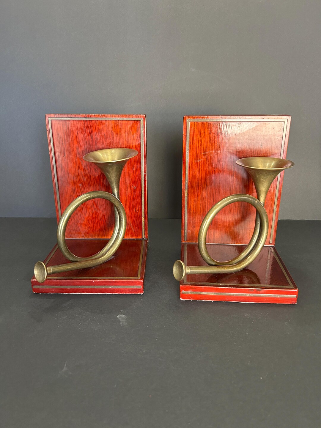 Vintage Brass Looped Hunter's Horn Lacquer Bookends, Modern Mid Century ...