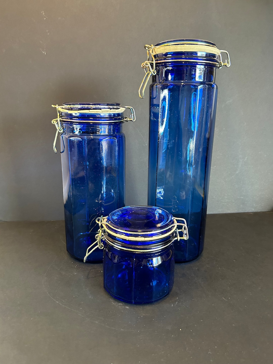Vintage Cobalt Blue Glass Canister Set of 3 Small Medium and Large ...