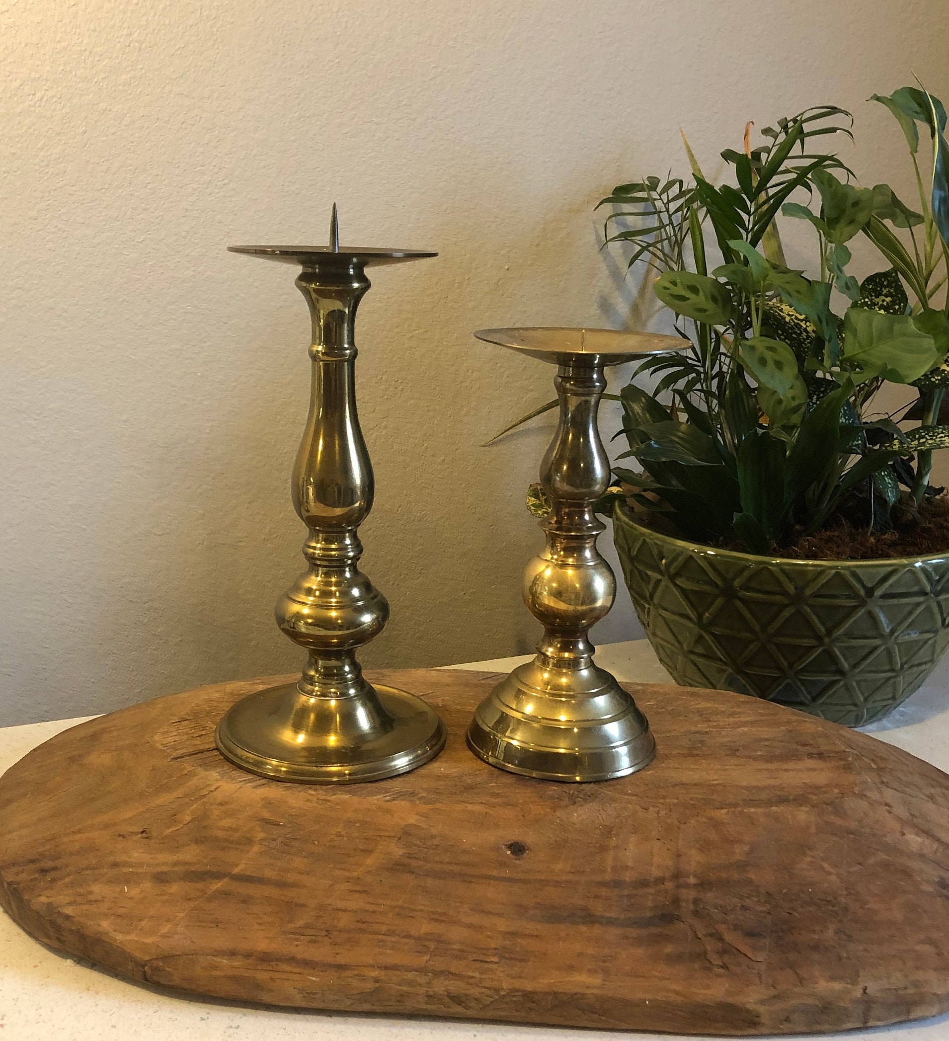 Two Vintage Brass Pillar Candle Holders Thanksgiving Table - Etsy