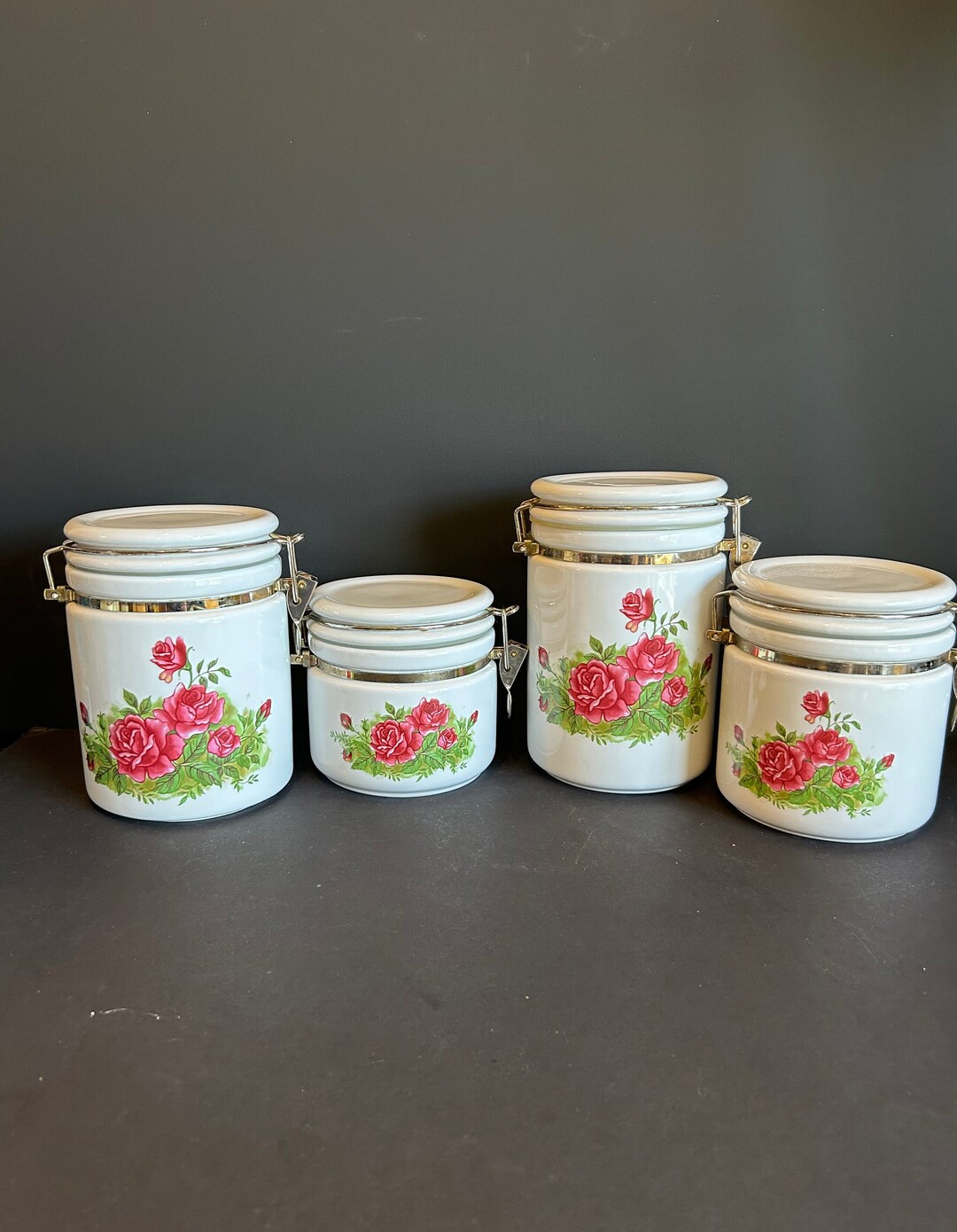Vintage Rose Pattern Kitchen Canisters, Set of 4, Ceramic Storage Jars ...