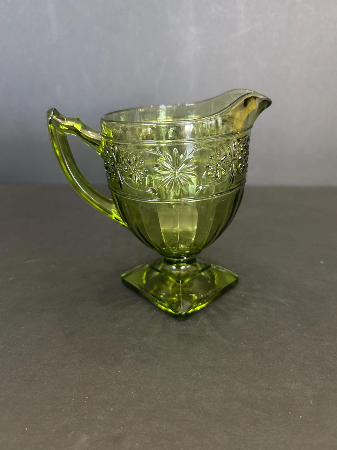 Vintage 1940s Depression Glass, Daisy Motif, Green Creamer on Pedestal ...