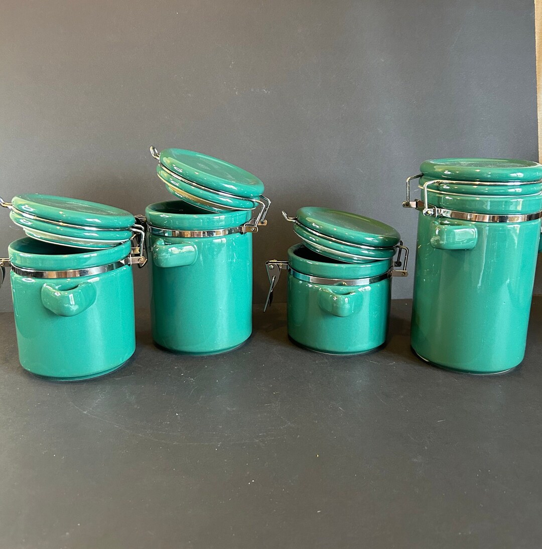 Set of Four Hunter Green Canister Set With Clamped Lid and Tightly ...