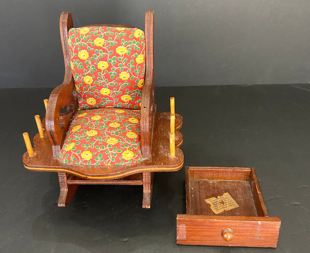 Redwood Rocking Chair Pin Cushion and Spool Holder With Drawer Made in ...