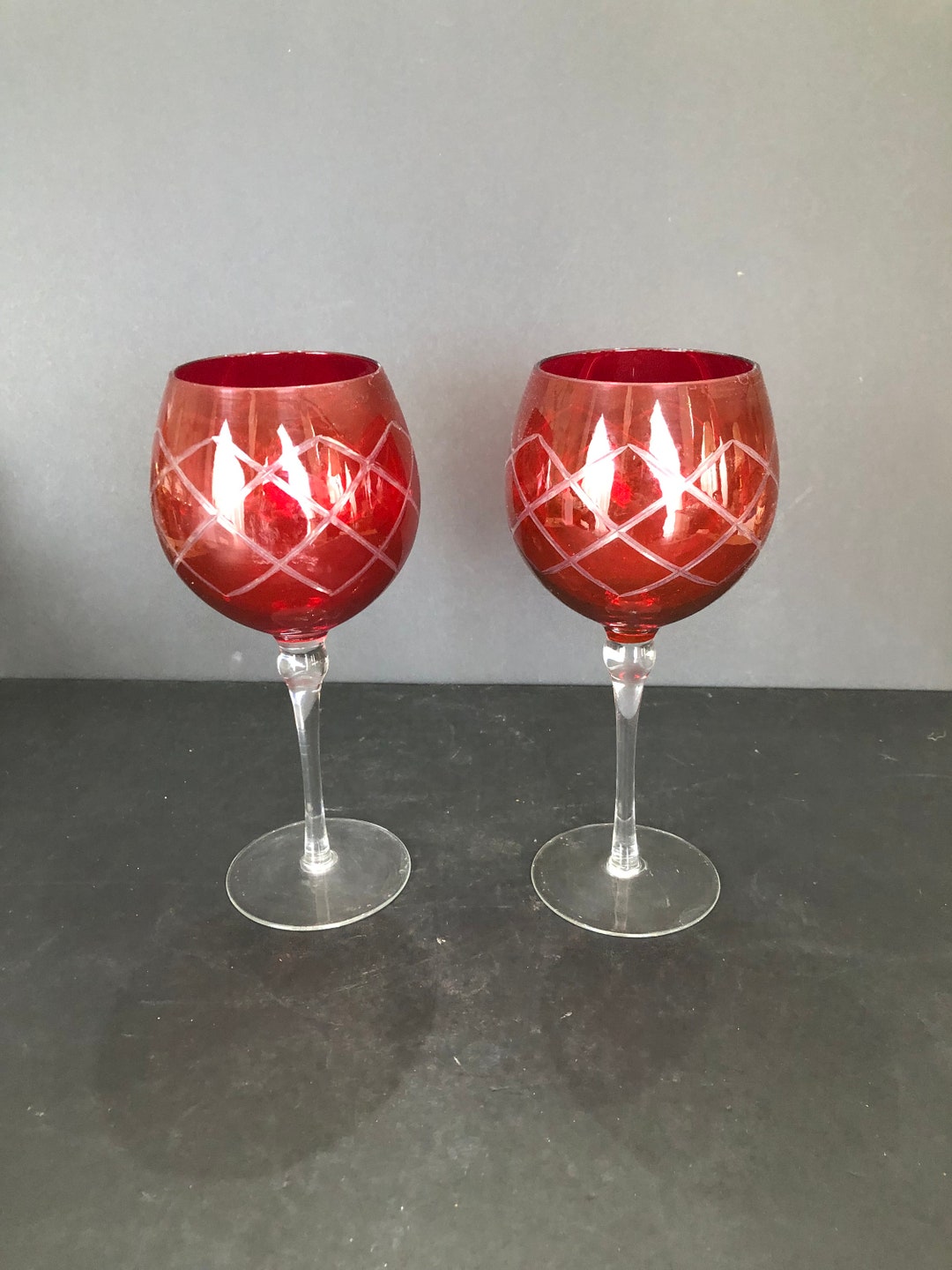 Red With Cut Hatch Marks 9" Long Stem Set of Two Wine Glasses Bohemian ...