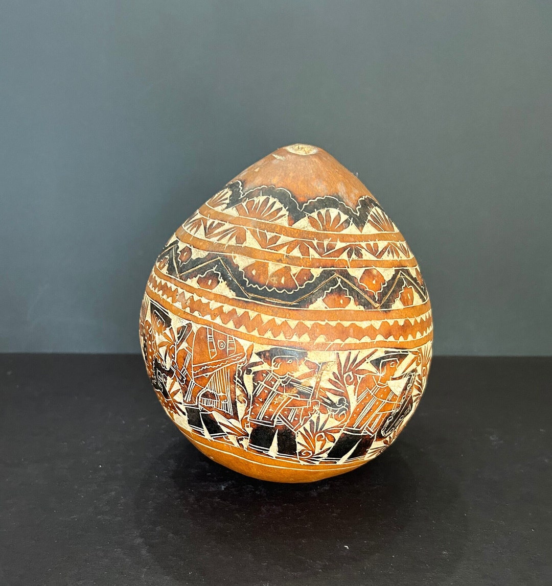 Hand Carved Gourd From Peru Depicts Natives Playing Instruments Opens ...