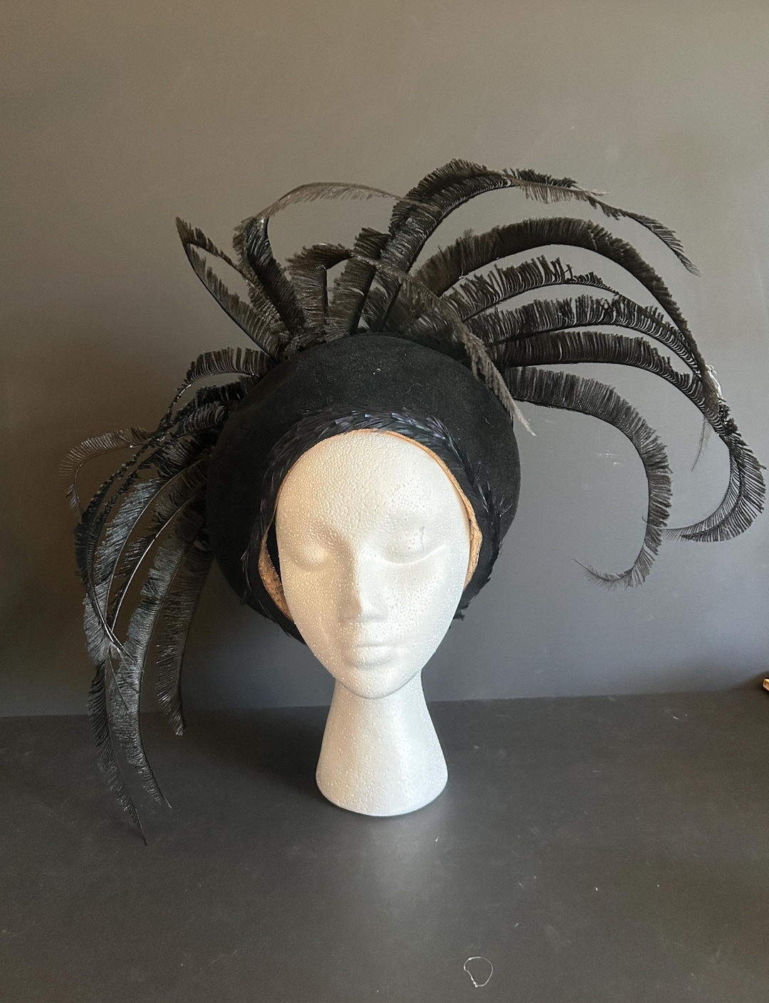 Vintage Jack Mcconnell Feather Hat: Black Felt & Ostrich Plumes, 1950s ...