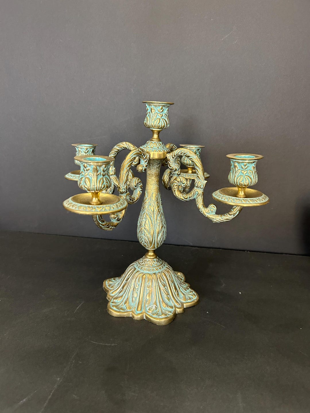 Antique Ornate Heavy Brass 4 (four) Arm Candelabra -5 (five) Candle ...