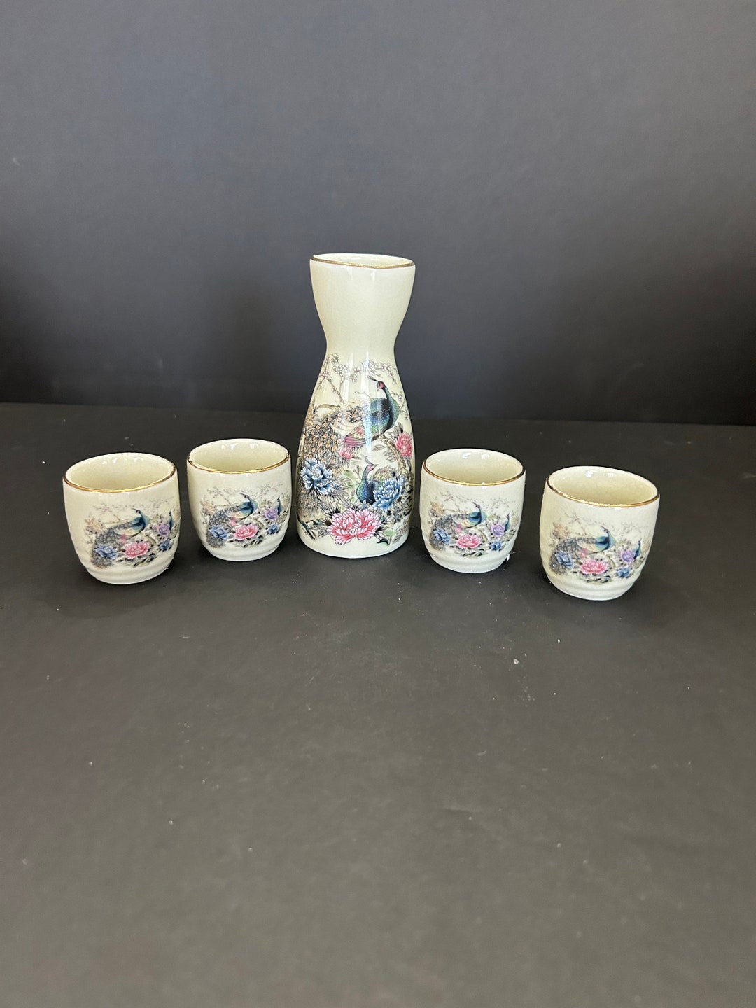 Japanese Sake Jar and Four Sake Cups Peacock and Floral Motif - Etsy