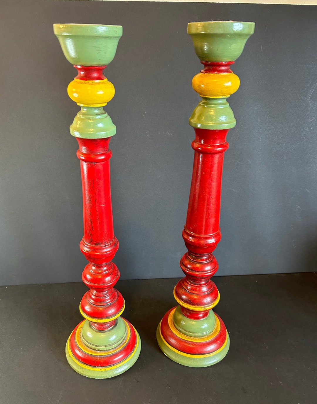 Vintage Tall Wooden Painted Turned Folk Art Candlesticks. 17.5" - Etsy