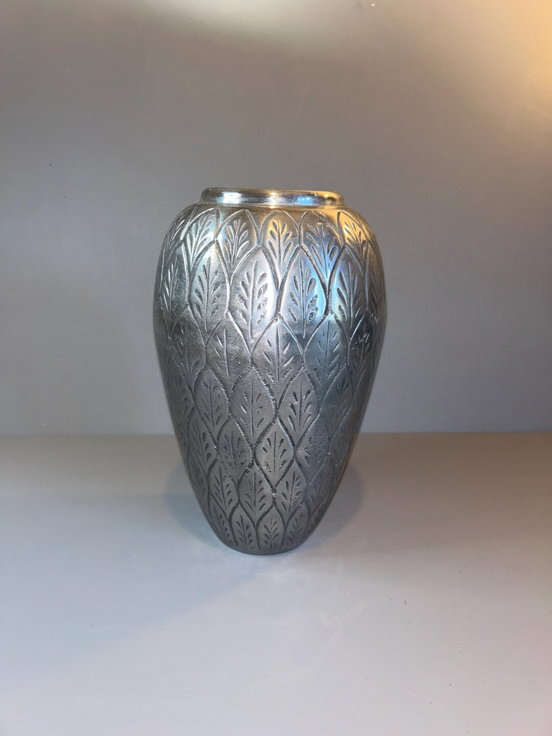 Large Vintage Etched Cast Aluminum Metal Vase 9.5 Tall X 5 Wide With 3 ...