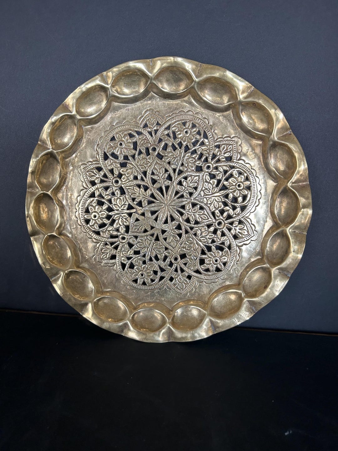 Large Round Vintage Ornate Brass Tray Fancy Cut Outs With Scalloped ...