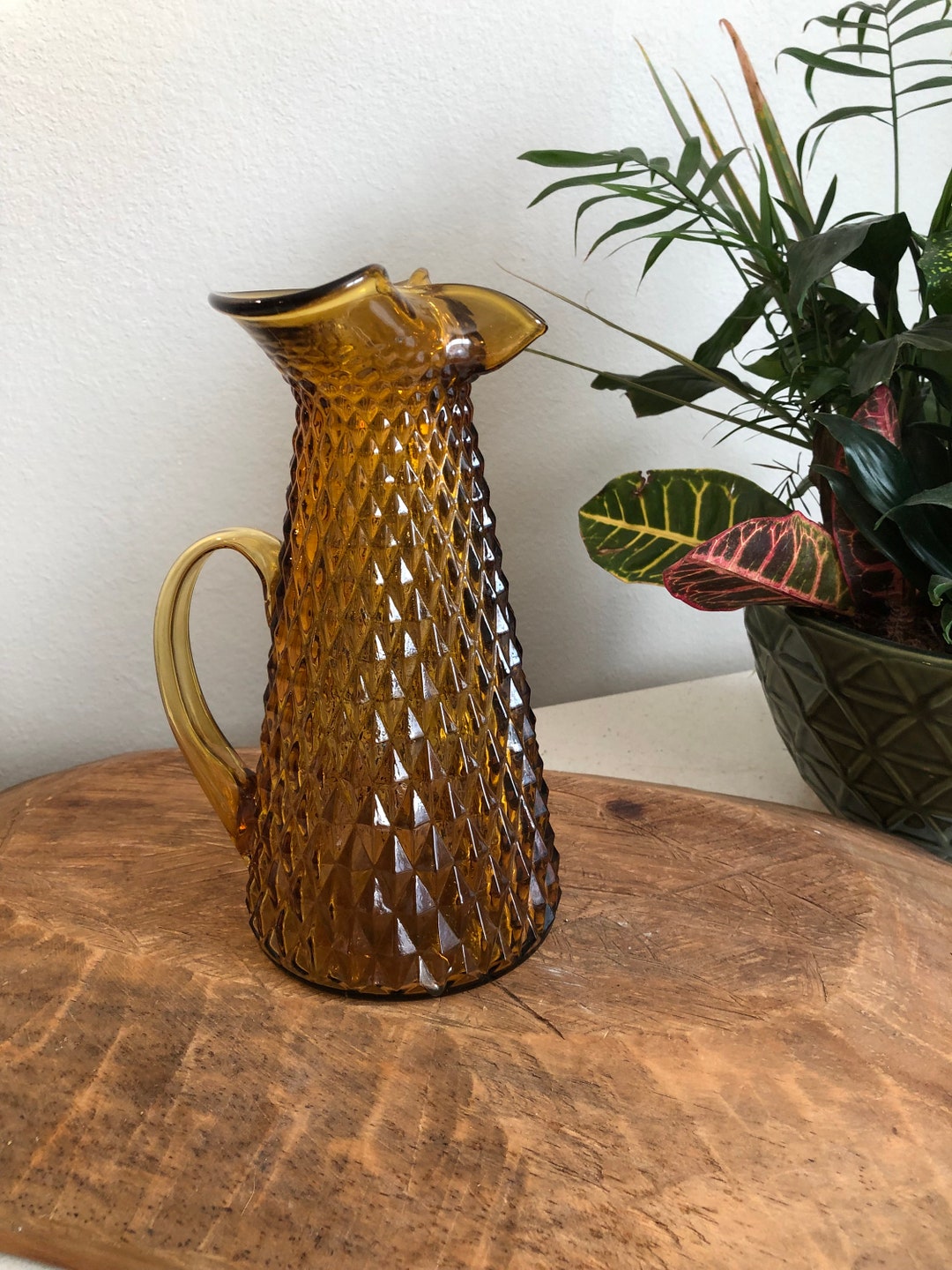 Vintage Amber Glass Mid Century Modern Pitcher, 70s Pitcher With Molded ...