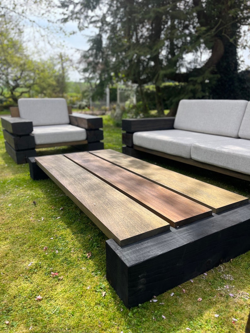 Rustic Oak Sleeper Coffee Table | Charred Timber Blocks, Outdoor ...