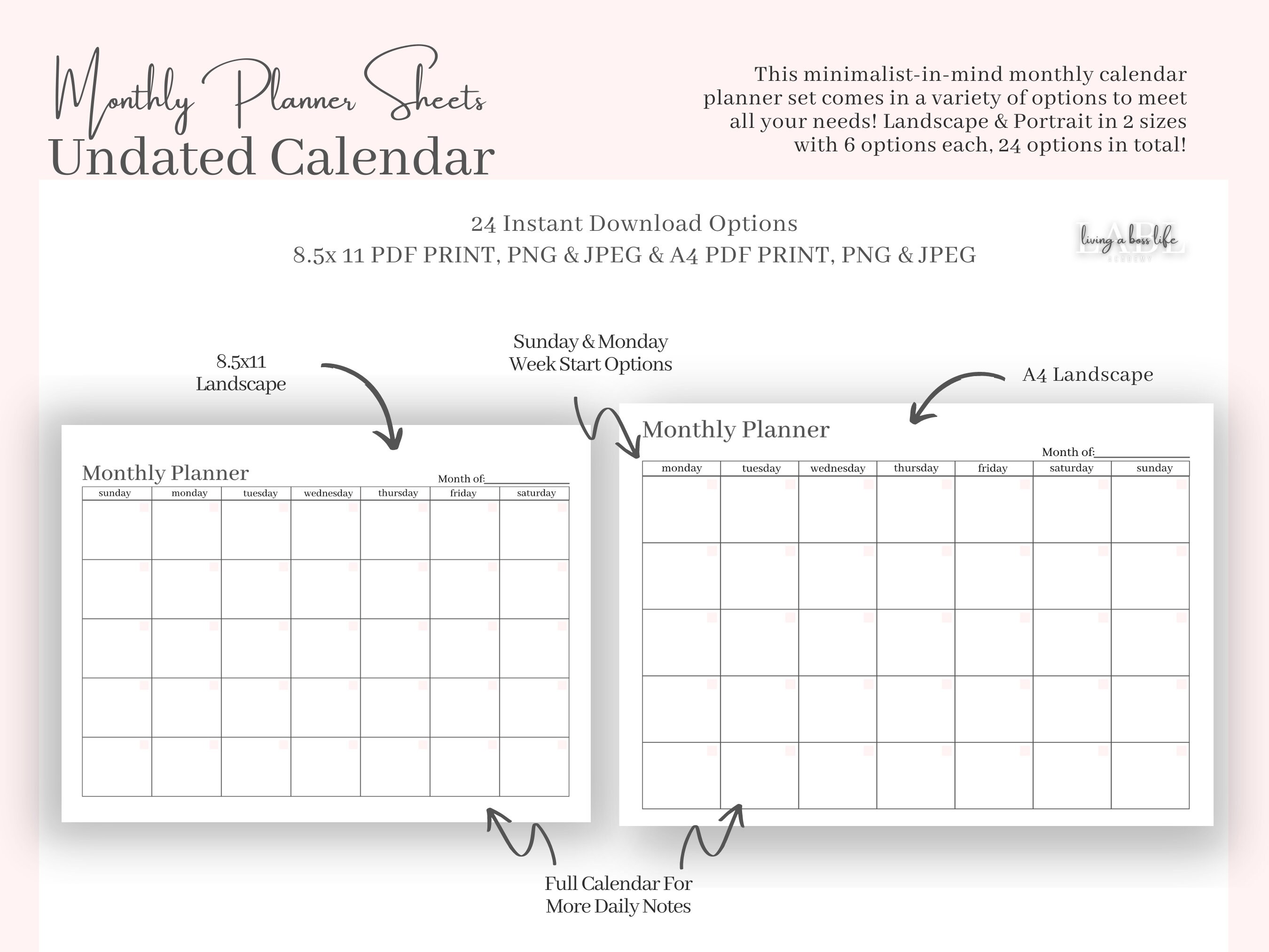 Monthly Blank Calendar Printable PDF Digital Monthly Planner - Etsy Canada