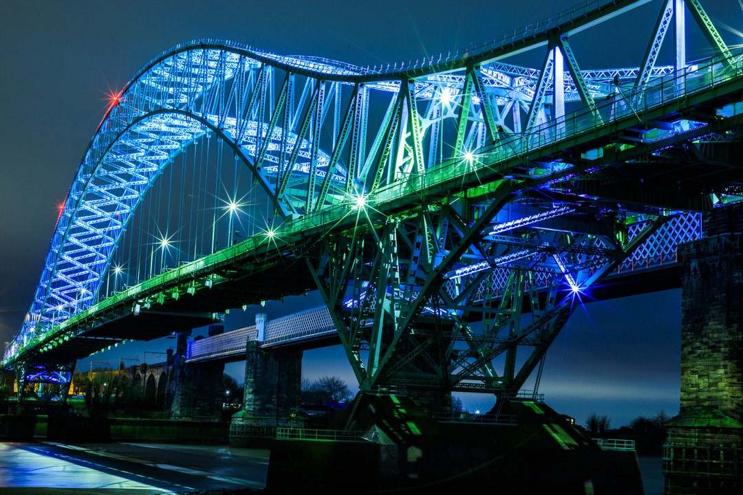 The Silver Jubilee Bridge in Runcorn Shines Brightly at Night in Full ...