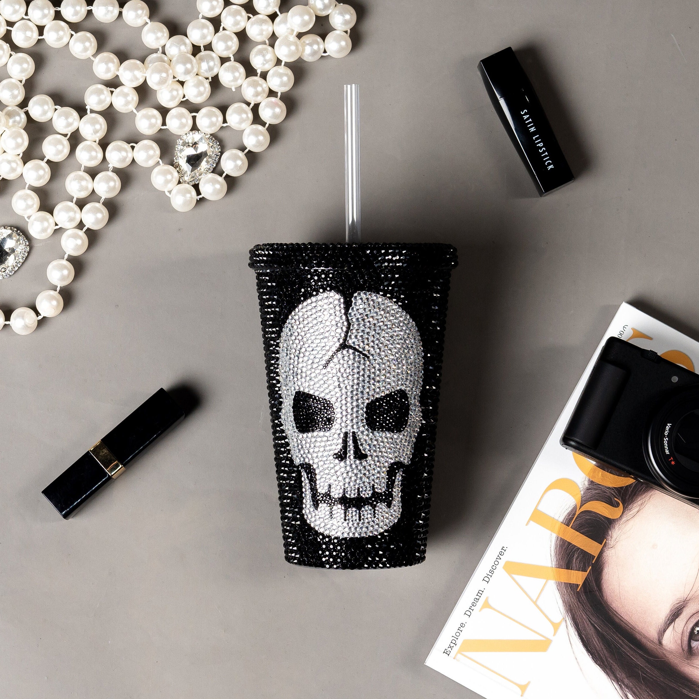 Blinged-out Skeleton Skull Ghost Face Tumbler, 16 Oz Bling Rhinestone ...