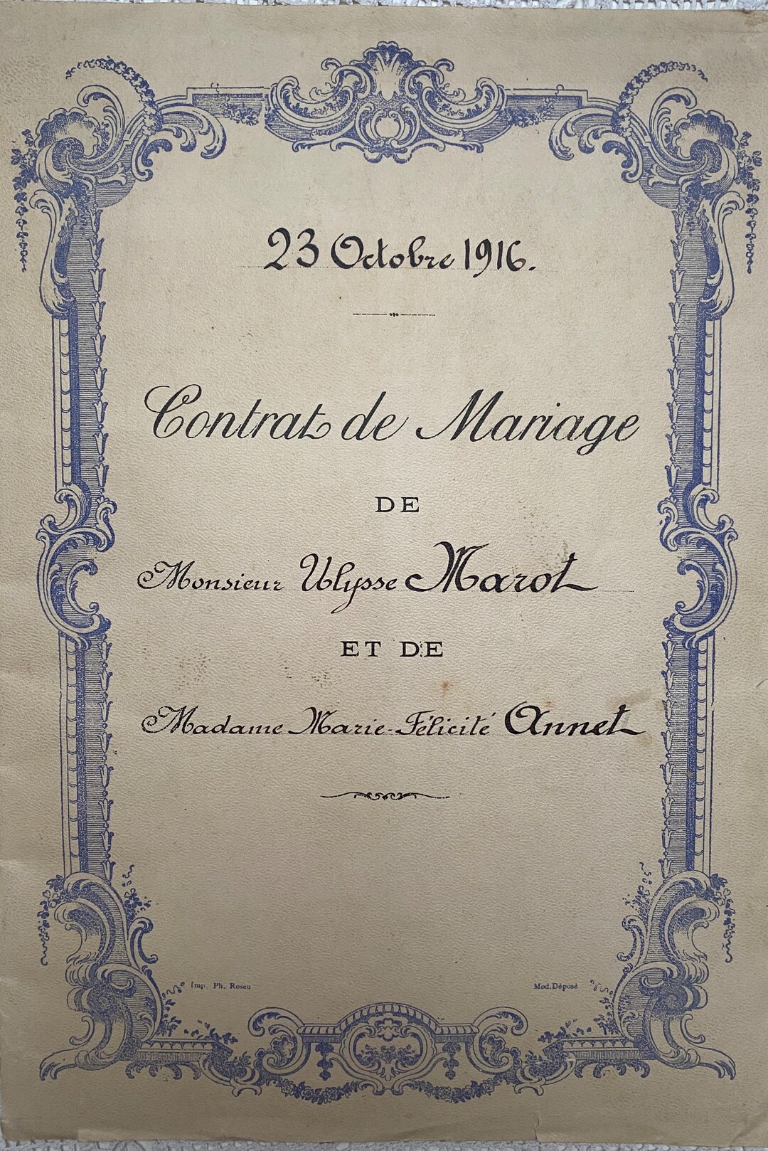 1916 French Marriage Contract With Decorative Cover, Vintage Paper ...