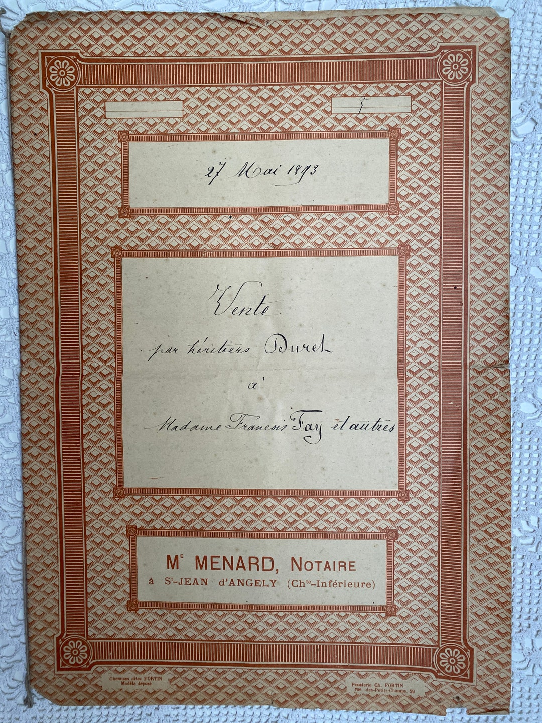 1893 Handwritten Notary Document With Decorated Cover, Original French ...