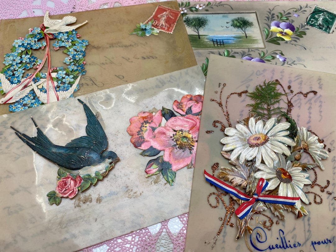 4 Celluloid Vintage Flower Postcards, French, Paper Ephemera From ...