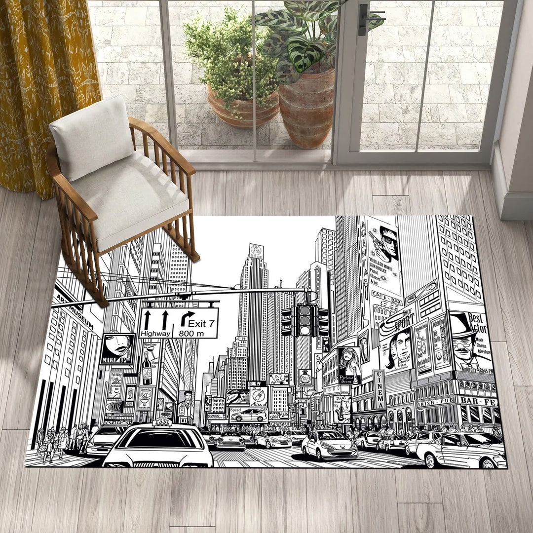 Cartoon City-home Decor Rug-black White Times-black White Rug-nostalgic ...