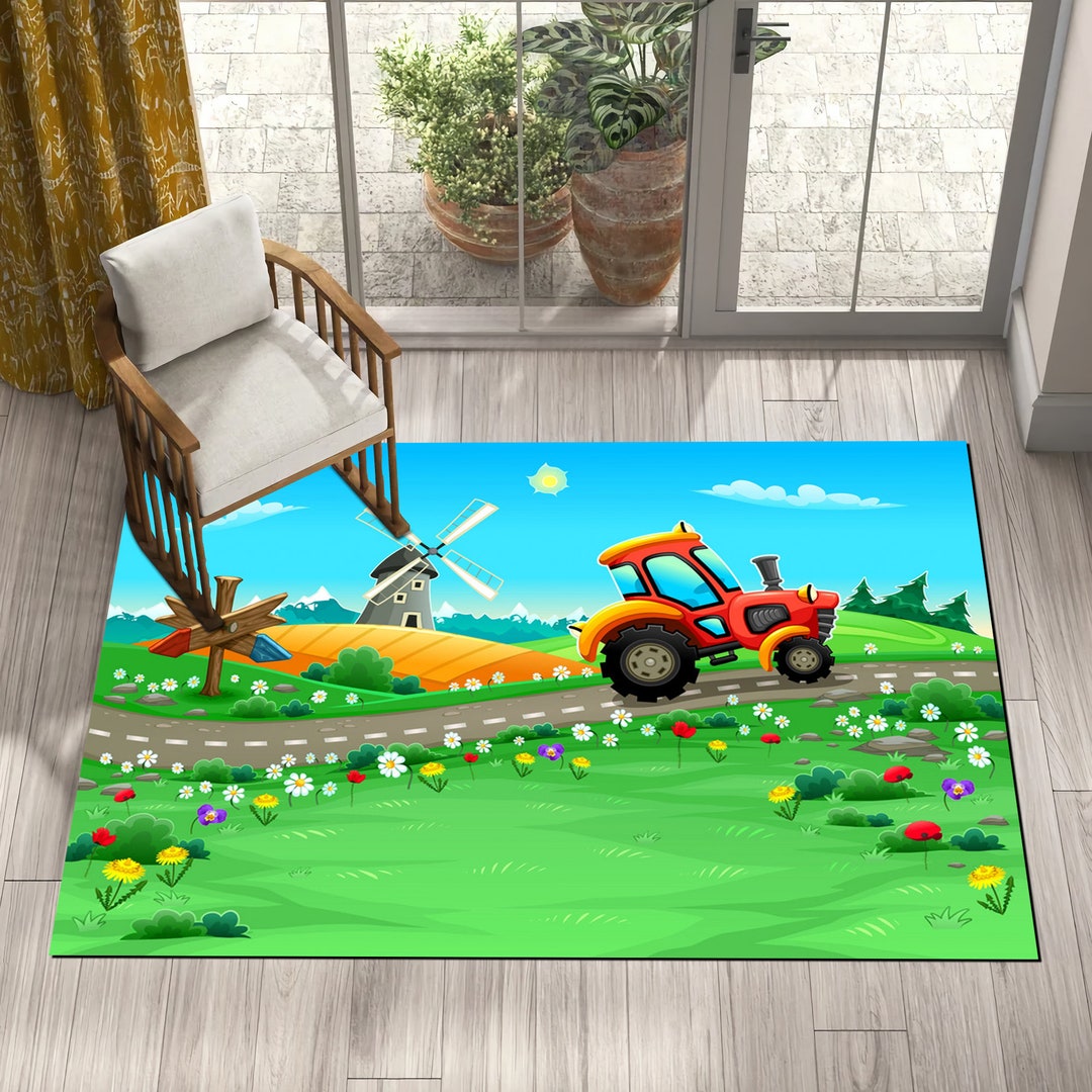 Tractor, Farm Rug, Sky, Forest, Green Rug for Children, Game Rug, Kids ...