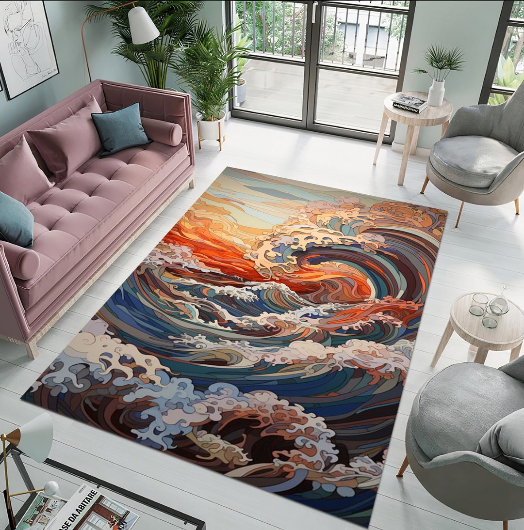 Waves Ocean Rug, Japanese PVC Rug, Art Decor Rug, Rugs for Bedroom ...