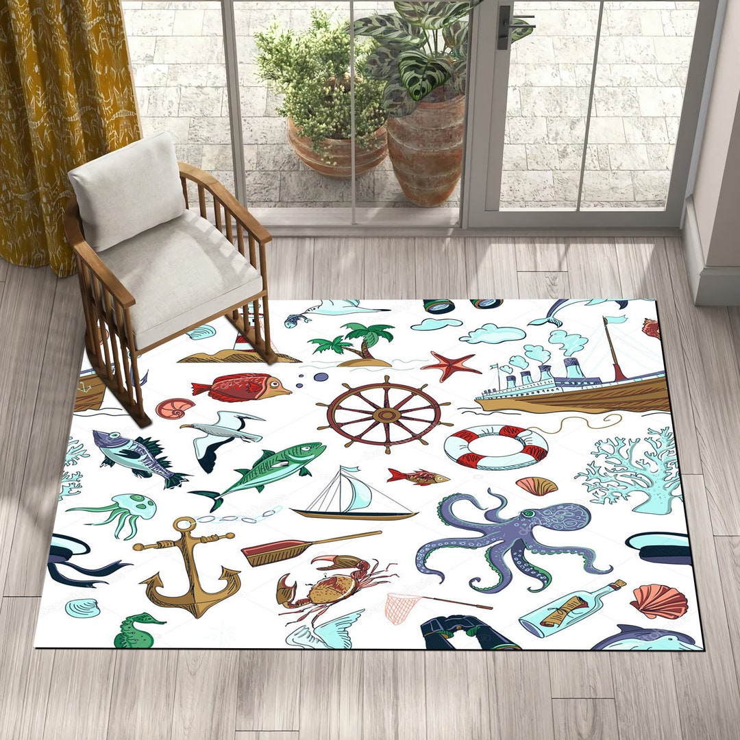 Ocean Rug, Sea Creature Theme, Sailor Mat, Ship Pattern Rug, Sea Travel ...