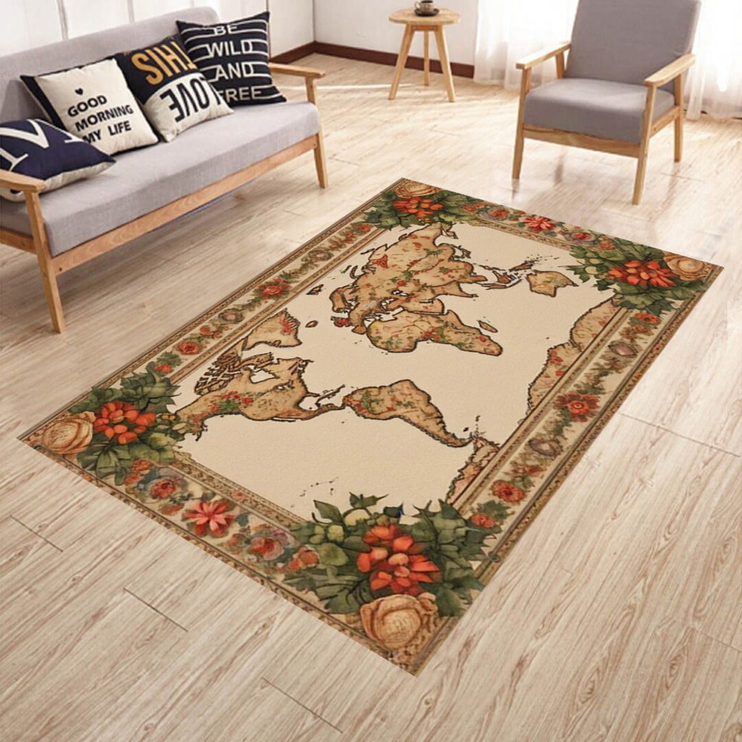 Flower World Map Rug,world Map ,easy to Clean,decorative Rug,art ...