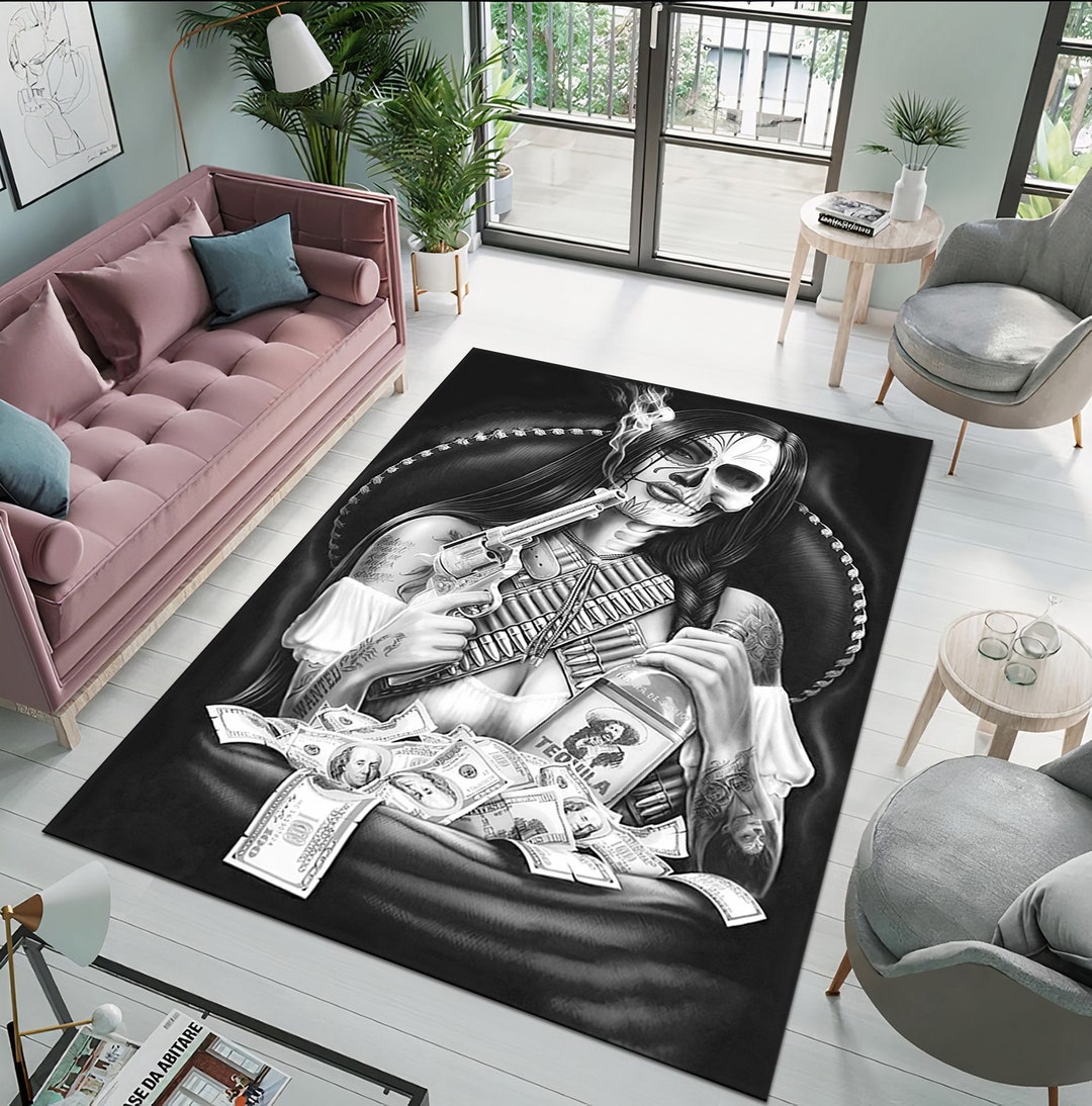 Skull Girl Rug, Tequila Rug, Retro Rug, Skull Art, Black Design Rug ...