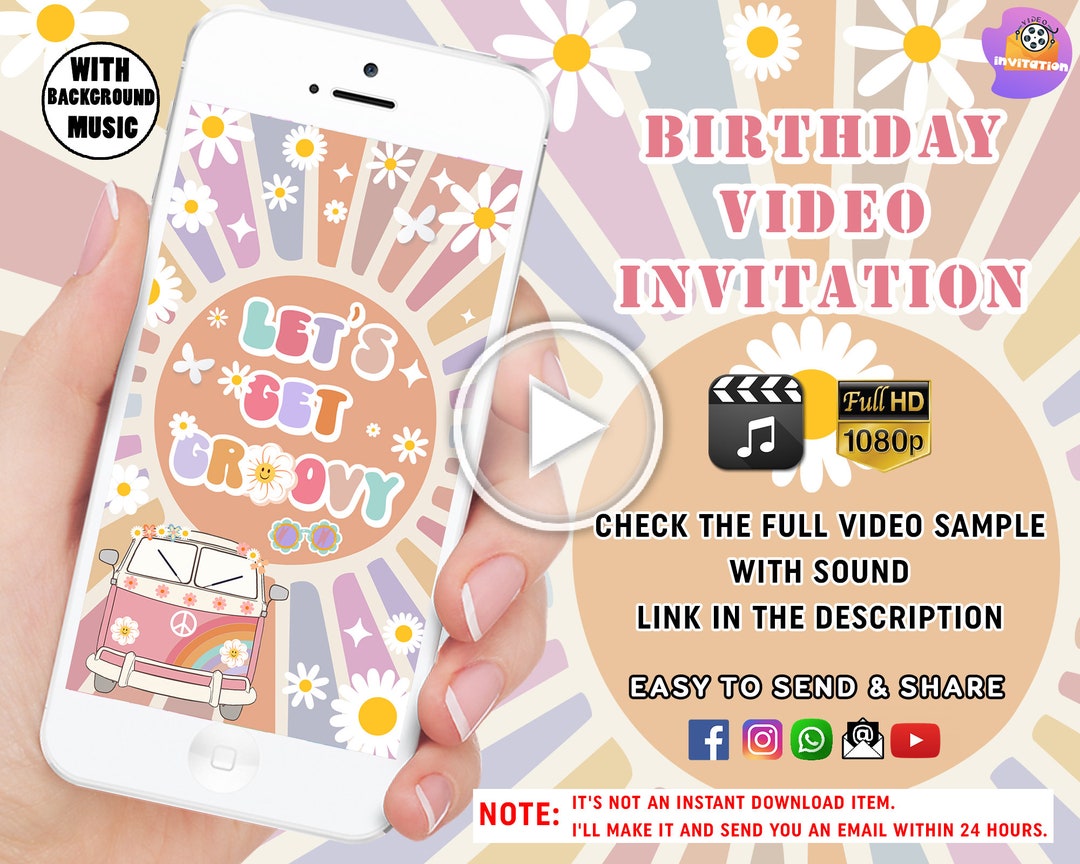 Groovy Van Daisy Rainbow, Pastel Theme Groovy Birthday Invitation ...