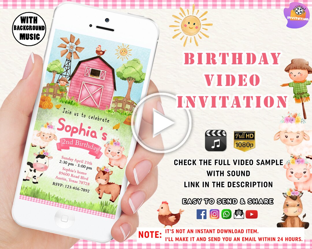 Farm Birthday Invitation Girl Farm Invite Pink Barn Animals Party ...