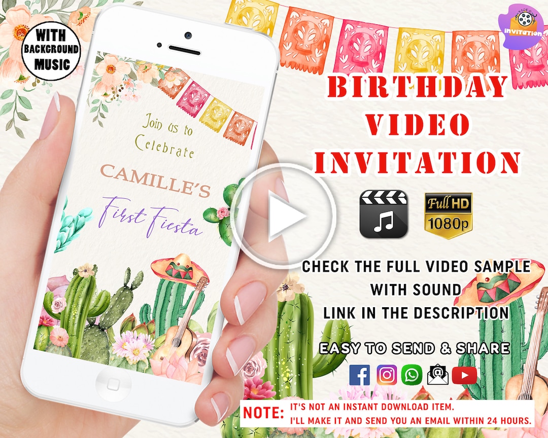 Fiesta Birthday Video Invitation, Mexican Cactus Theme - Etsy