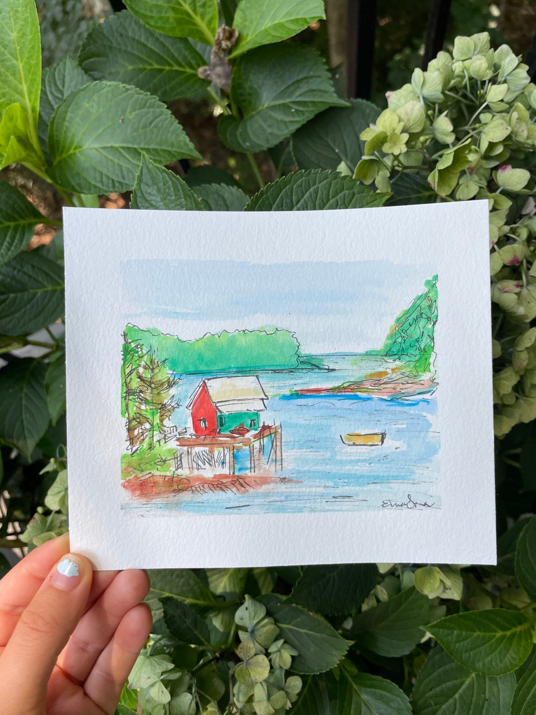 Watercolor Painting Print of Serene Dock and Boat View With Trees - Etsy