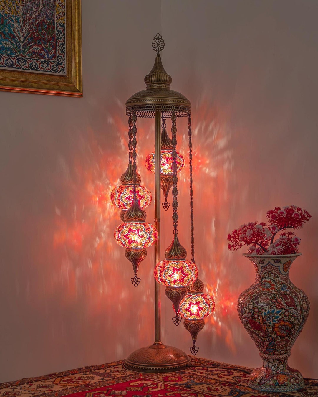 Bohemian Turkish Mosaic Floor Lamp - 5 Pendant Cascade With Red/orange ...
