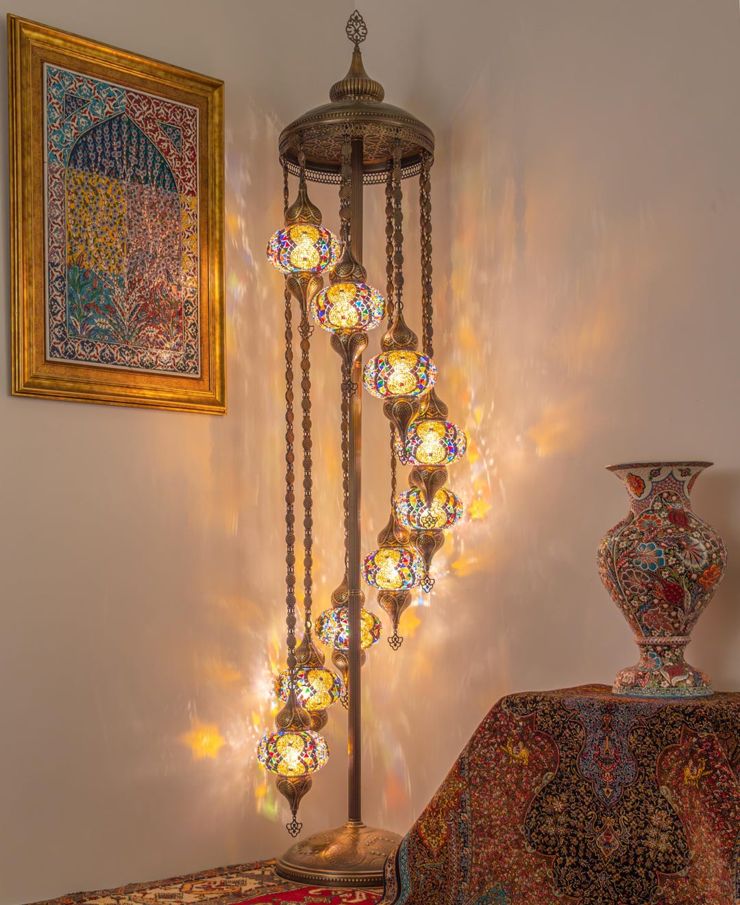 Vibrant Nine Globe Turkish Mosaic Floor Lamp - Handcrafted Multicolored ...